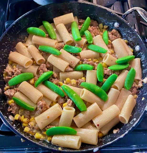 Corn, Snap Pea and Sausage Rigatoni