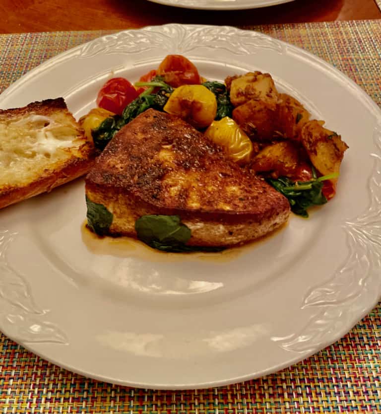 Curried Swordfish With Roasted Tomatoes, Spinach and Garlic Toast