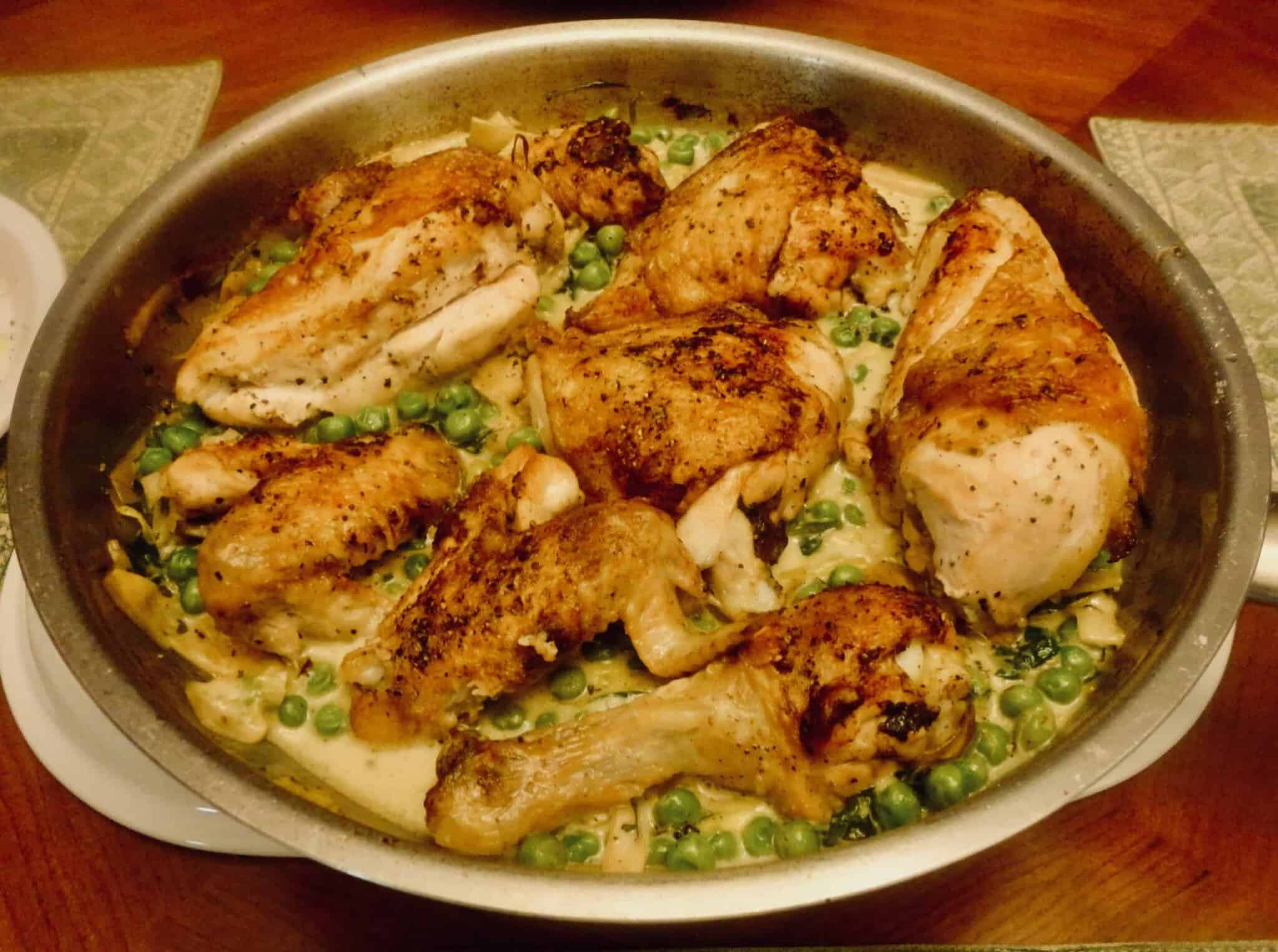 CRISPY-SKINNED CHICKEN WITH LEEKS AND PEAS: AN EARLY FALL BRAISE